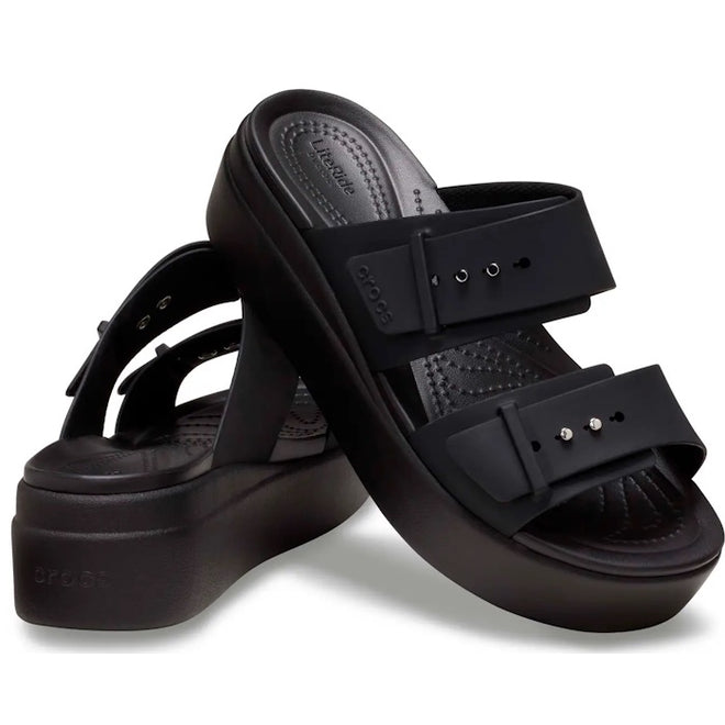 Crocs Brooklyn Buckle Low Wedge Womens Black Platform Slide