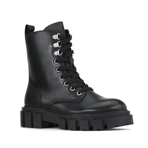 EOS Womens Feature Combat Chunky Black Leather Boot